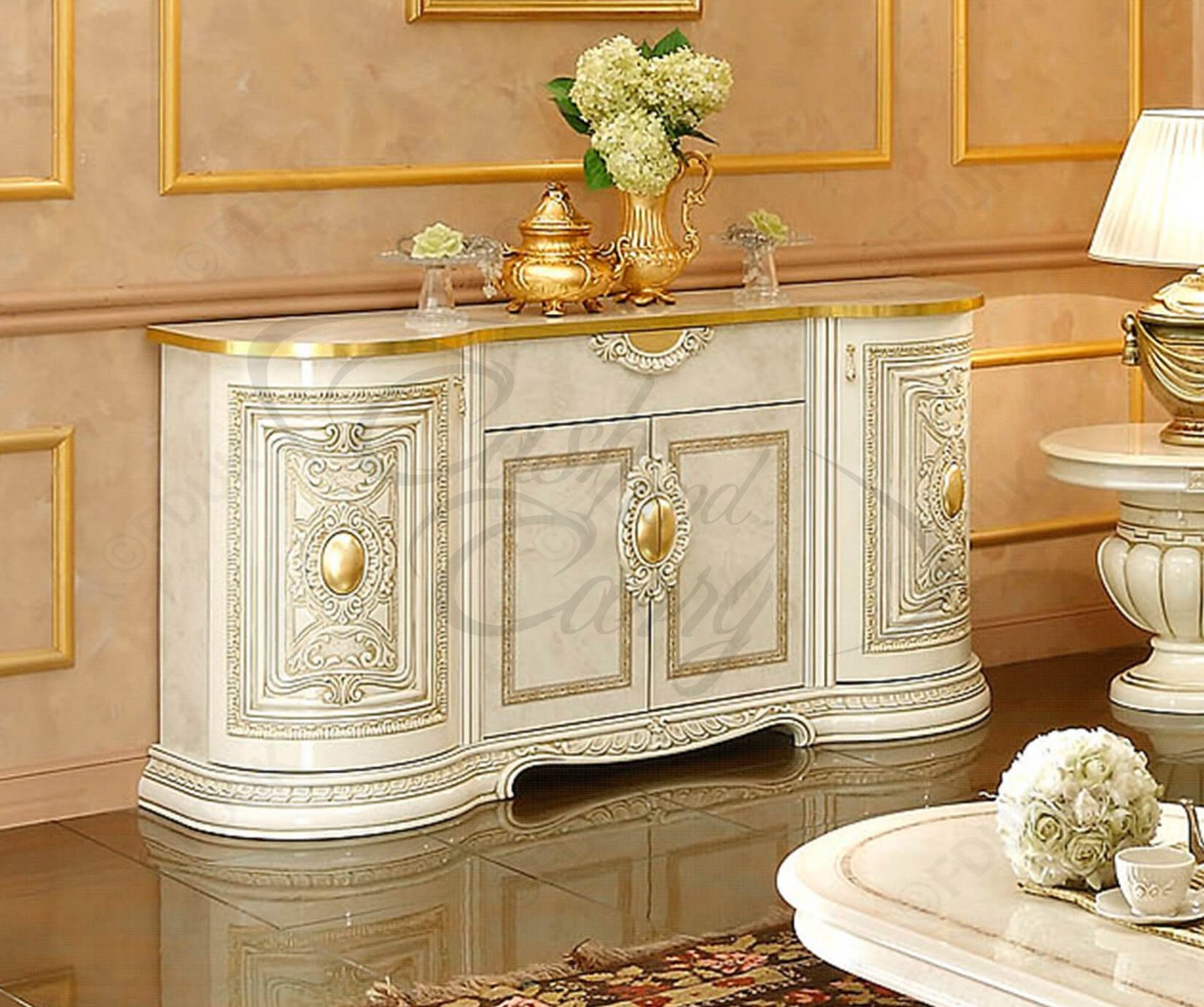 Luxury Leonardo High gloss Ivory and Gold Finish Italian 4 Door Buffett ...